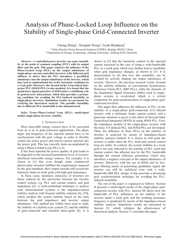 Analysis of Phase-Locked Loop Influence On The Stability of Single-Phase Grid-Connected Inverter ...