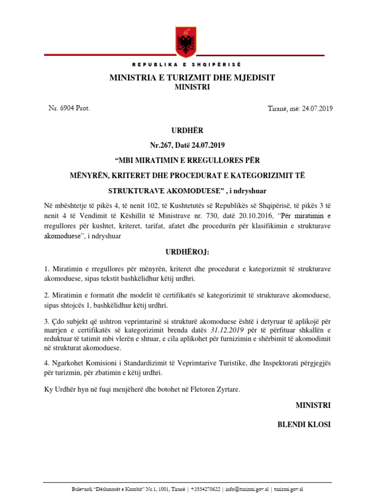 URDHËR Nr.267 "MBI MIRATIMIN E RREGULLORES PËR MËNYRËN KRITERET DHE ...