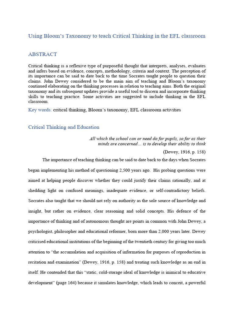 Using Bloom's Taxonomy To Teach Critical Thinking in The EFL Classroom | PDF | Critical Thinking ...