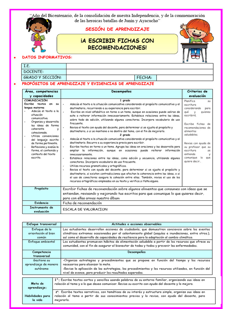 U2 S3 Sesion D1 Com Escribimos Ficha de Recomendacion Maestras de Primaria Del Peru | PDF ...