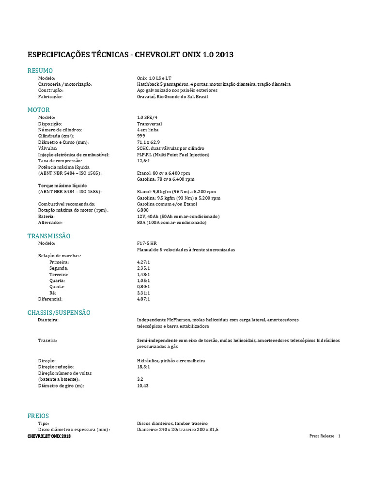 Chevrolet Onix Ficha | PDF | Câmbio manual | Chevrolet