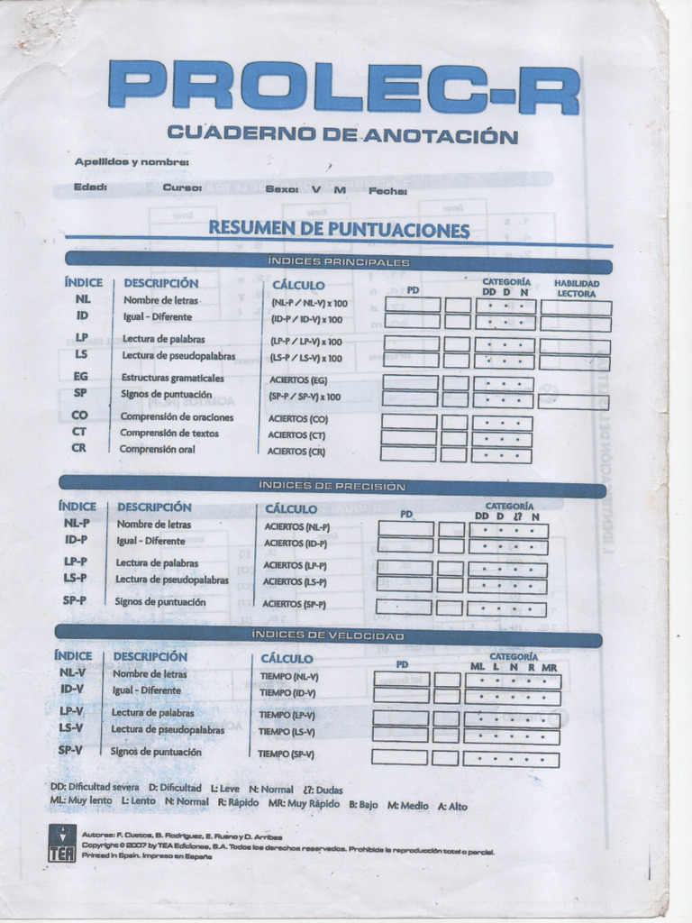 CUADERNO DE ANOTACIÓN PROLEC - R, THTHT | PDF