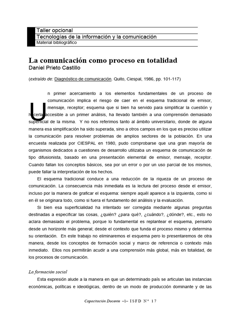La Comunicación Como Proceso en Totalidad Prieto Castillo | Descargar gratis PDF | Comunicación ...