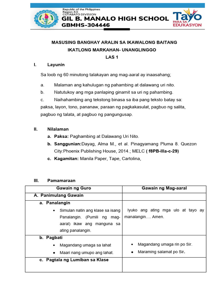 Lesson Plan Week1 LAS 1 | PDF