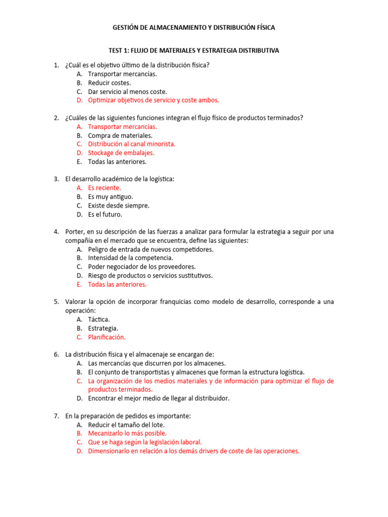 Test 1. Flujo de Materiales y Estrategia Distributiva | PDF | Logística ...