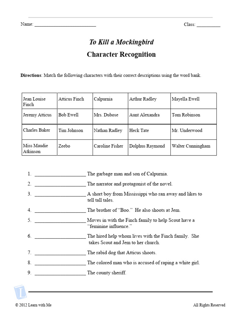 To Kill A Mockingbird Character Recognition: © 2012 Learn With Me All ...