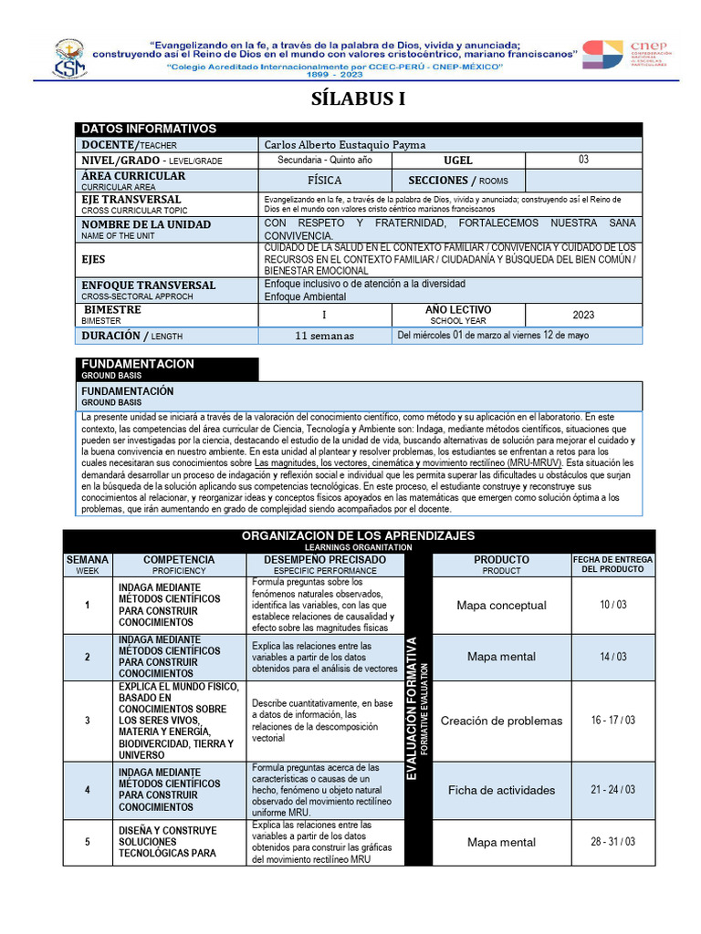 5to SÍLABUS I CTA - FÍSICA 2023 | Descargar gratis PDF | Evaluación | Método científico