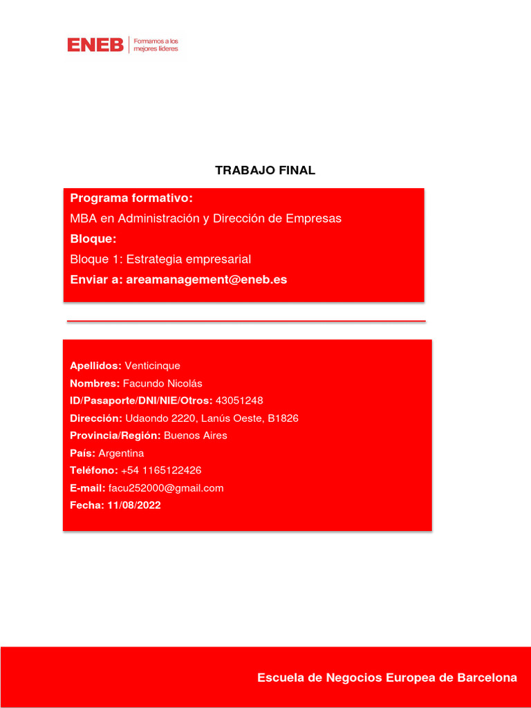 Trabajo Final Estrategia Empresarial ENEB | PDF | Business | Euro
