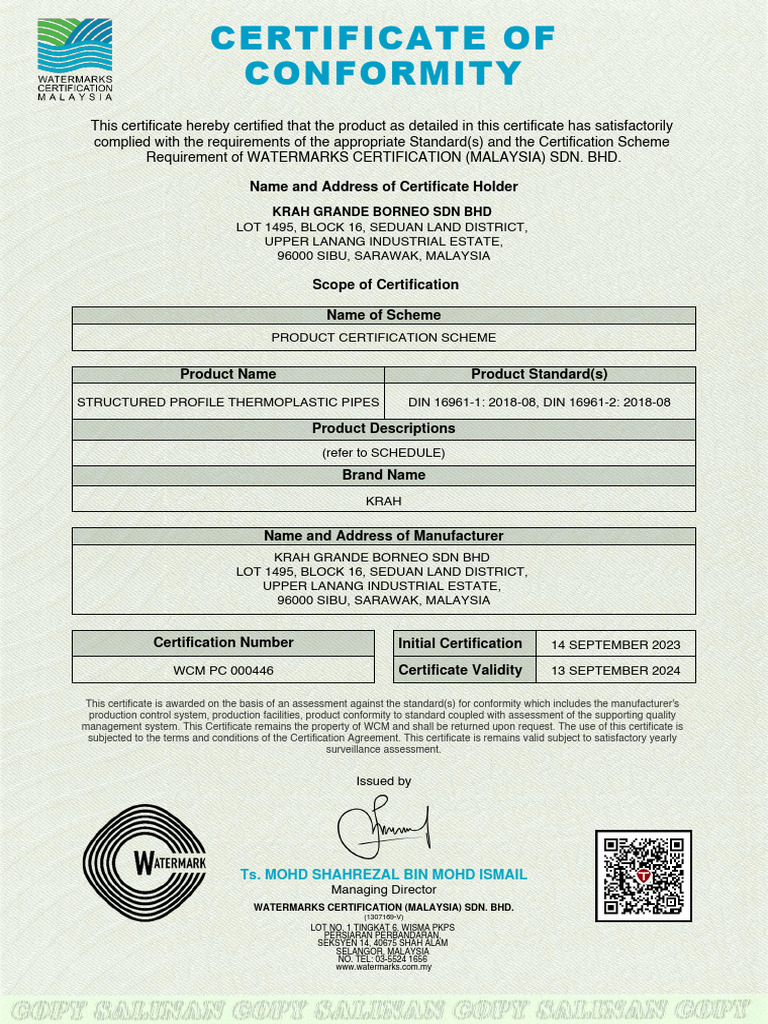 Krah Grande Borneo Product Certification | PDF
