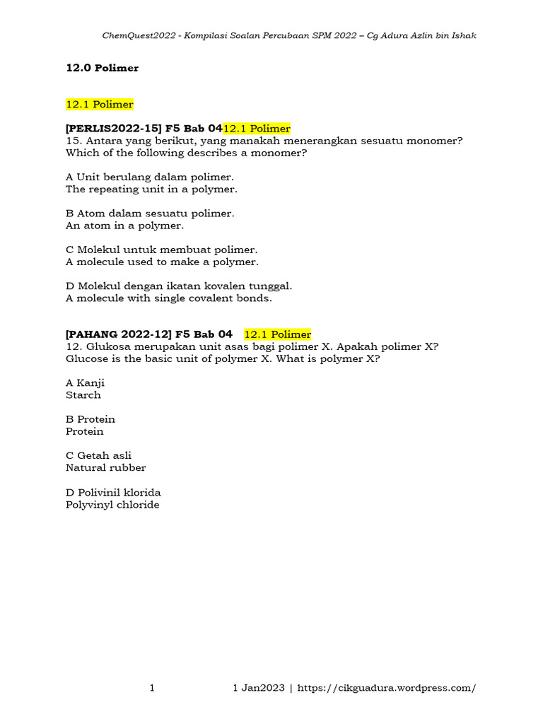 SPM 2022 Polymer Questions Compilation | PDF | Polymerization | Polymers
