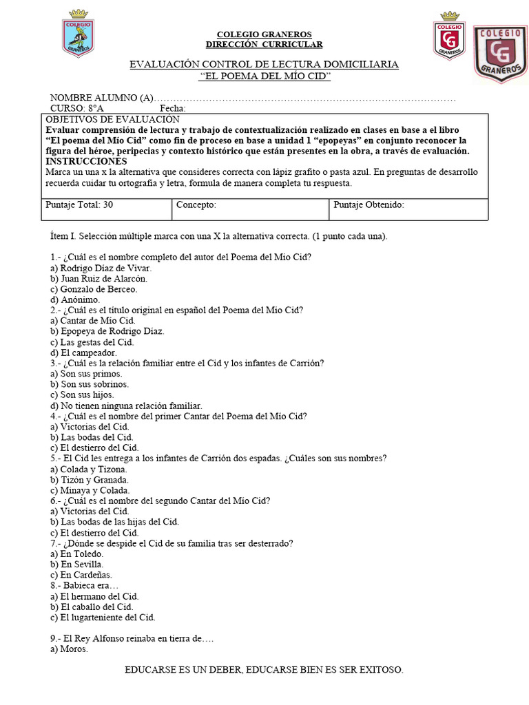 Evaluación Mío Cid 8°A | PDF