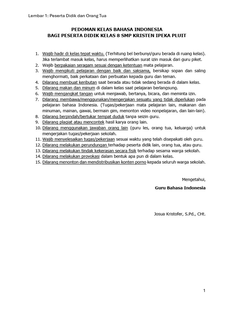 Contoh Aturan Kelas Bahasa Indonesia | PDF