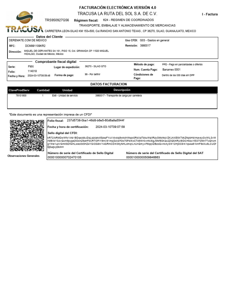 Tracusa La Ruta Del Sol S.A. de C.V.: TRS950927G56 | PDF | Finanzas y ...
