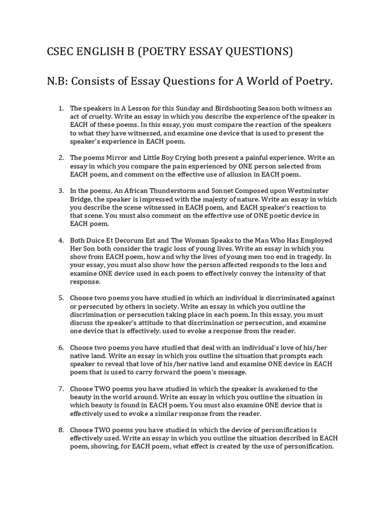CSEC ENGLISH B - Poetry Essay Questions | PDF | Poetry