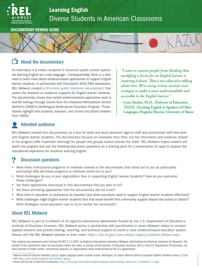 RELMW Learning English Documentary Viewing Guide 508 | PDF | English As ...