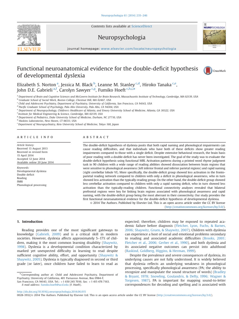 Functional Neuroanatomical Evidence for the Double-Deficit Hypothesis | PDF | Dyslexia ...