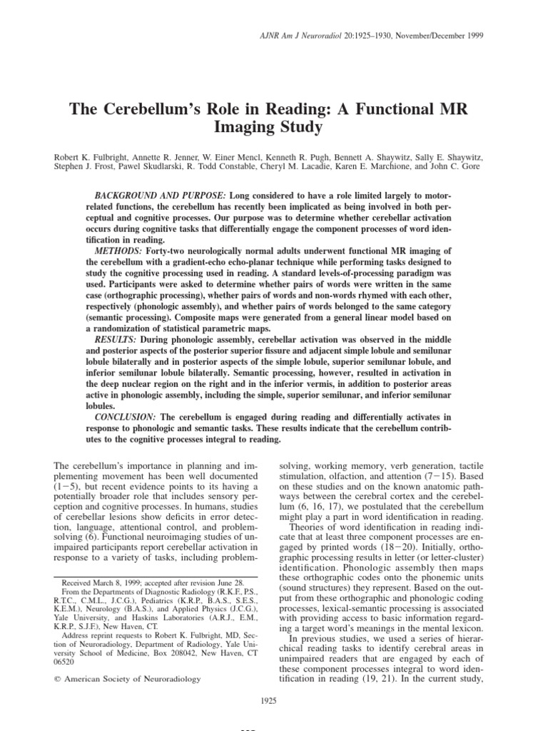The Cerebellum's Role in Reading - A Functional MR Imaging Study | Download Free PDF ...