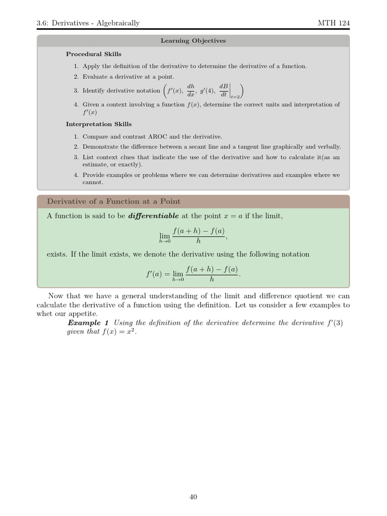Derivative of A Function at A Point: Learning Objectives | Download Free PDF | Derivative ...