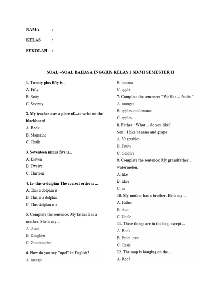 Soal B.inggris Kelas 2 Mi | PDF | Fruit