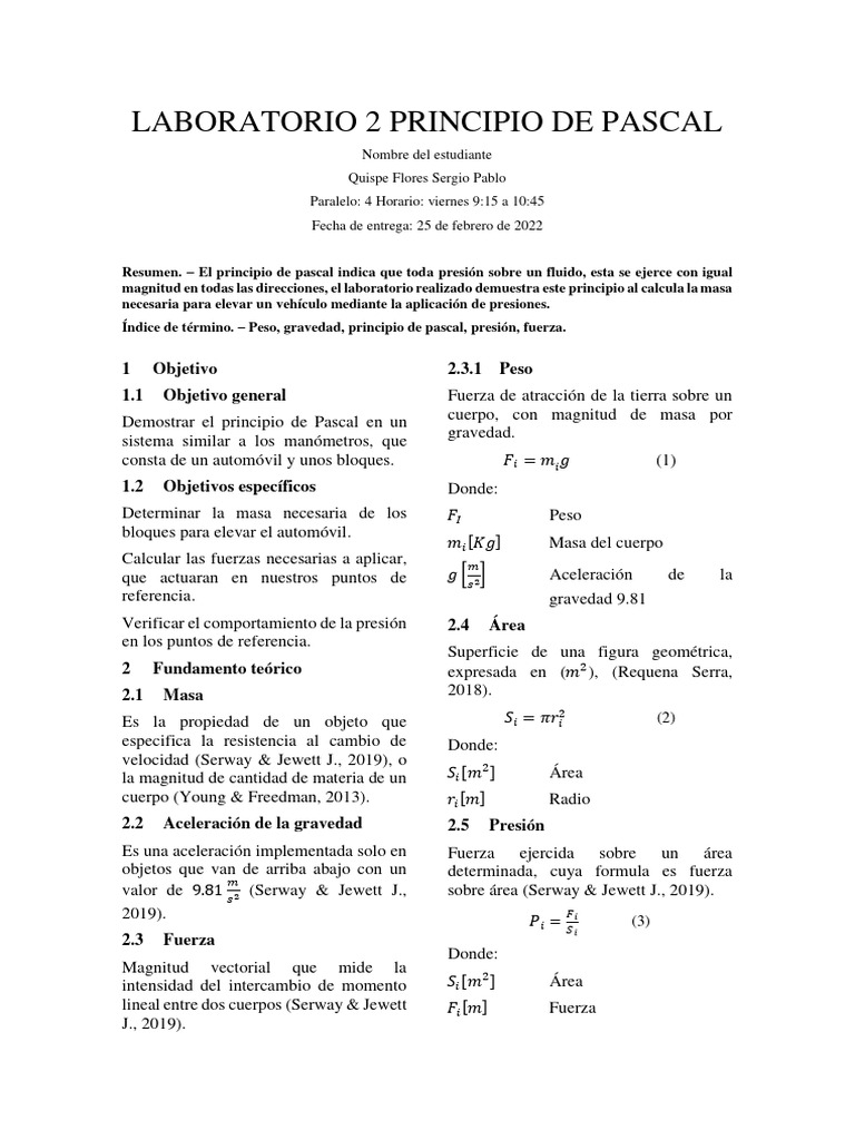Informe 2 Principio de Pascal Sergio Pablo Quispe Flores | PDF | Presión | Masa