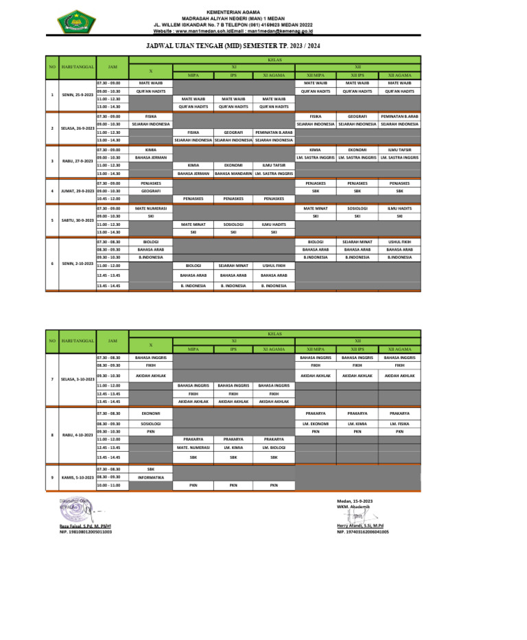 Jadwal Ujian Tengah (Mid) Semester Tp. 2023 / 2024 | PDF