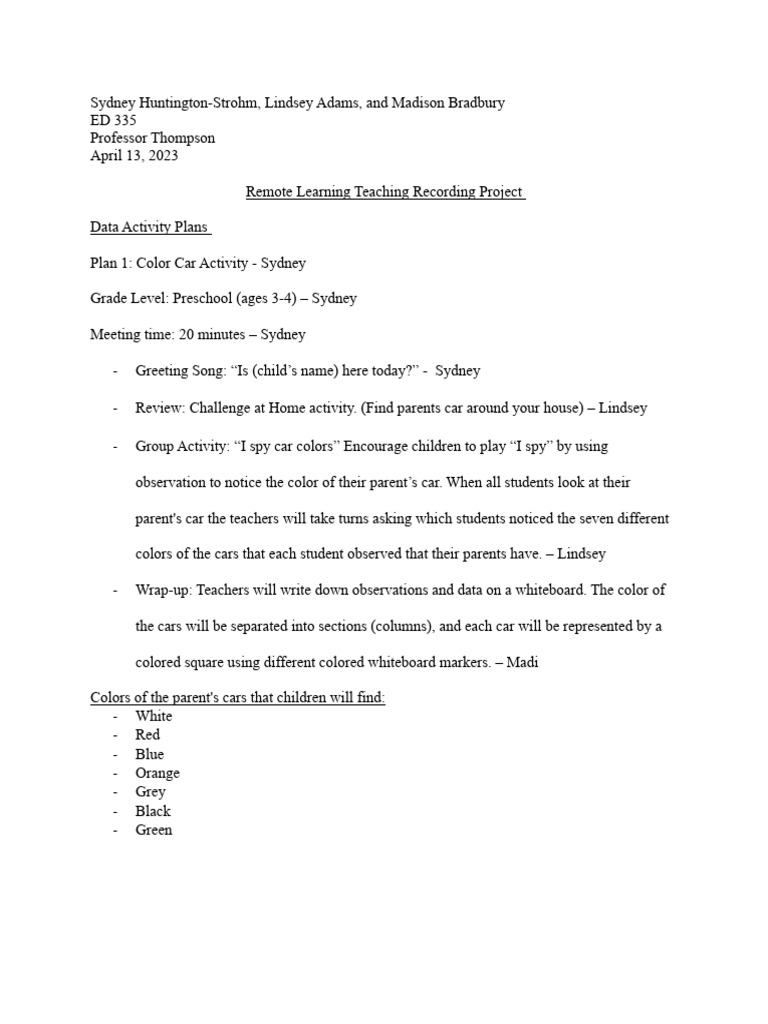 Preschool Remote Learning Activity Plans | PDF | Wellness