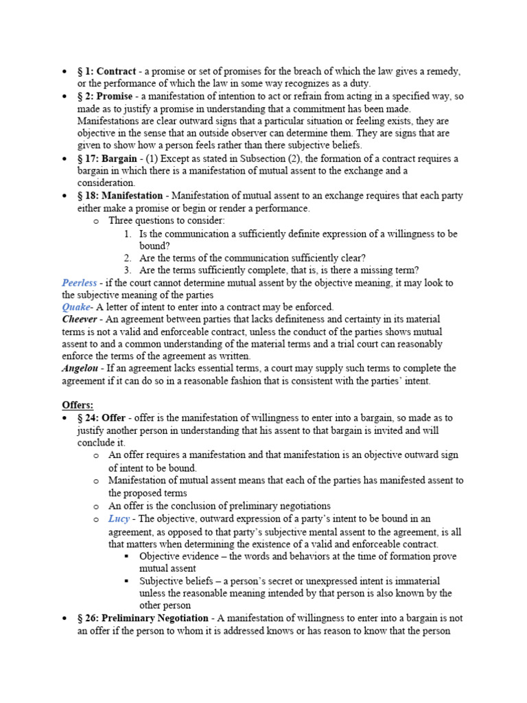 Contracts Outline (Final) | PDF | Offer And Acceptance | Consideration