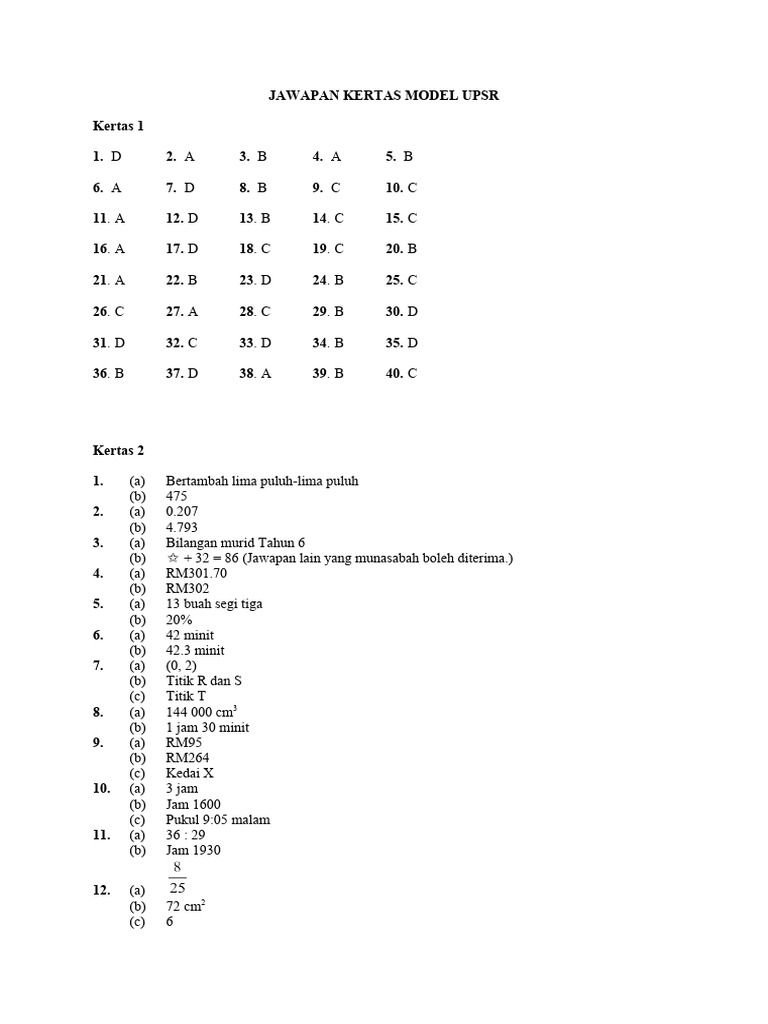 06-mat-jawapan-kertas-model-upsr-formula-a-matematik-tahun-6 | PDF