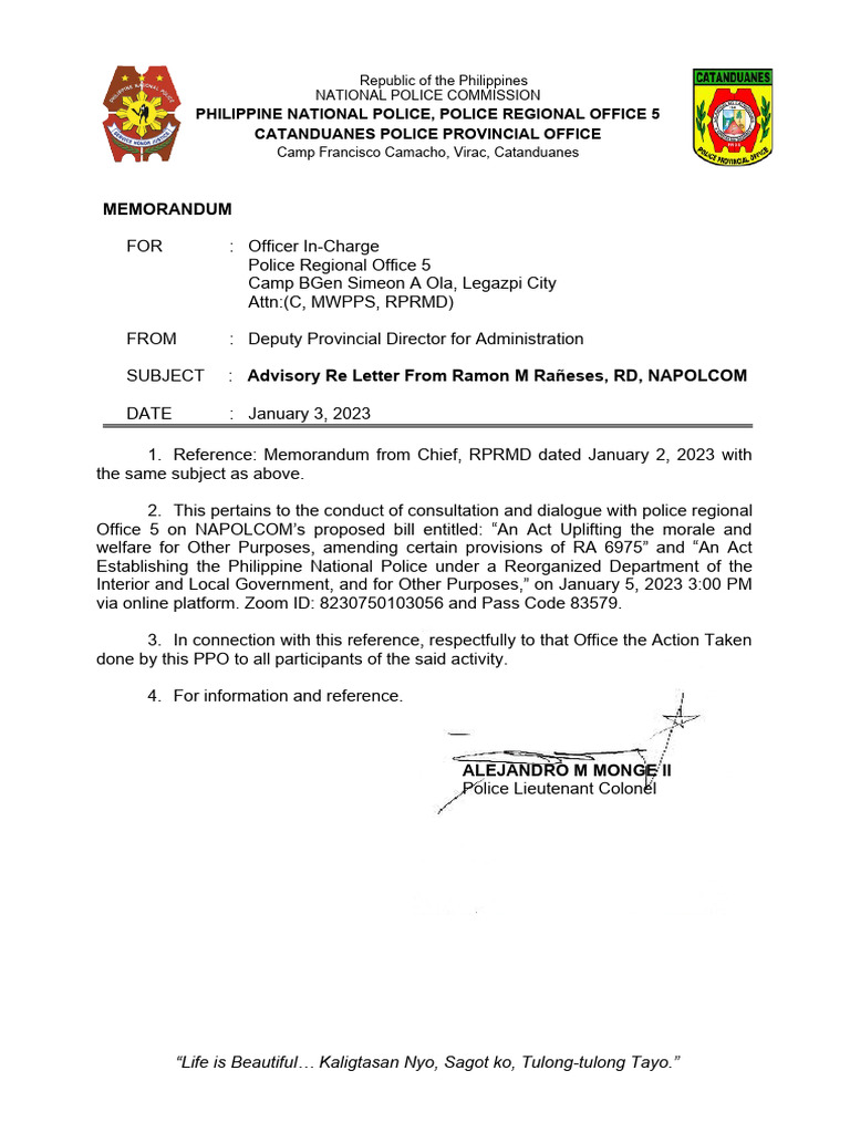 Advisory Re Letter From Ramon M Rañeses, RD, Napolcom | PDF | Politics ...