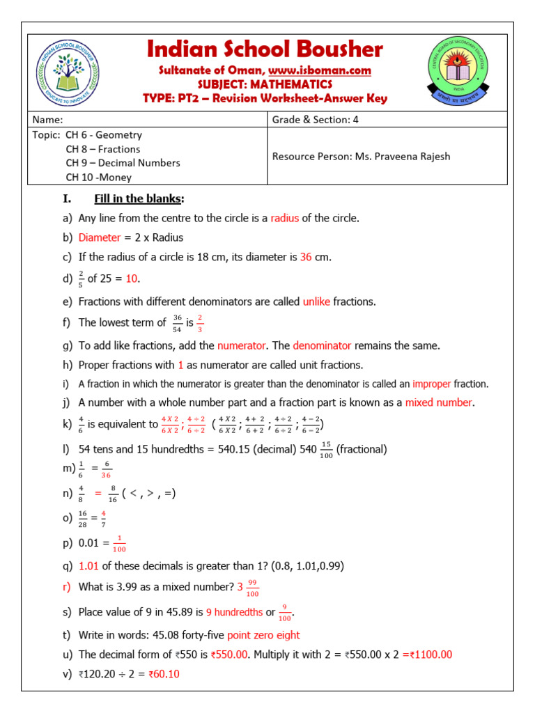 GR 4 - PT2 Revision Worksheet - AK | PDF | Mathematics | Arithmetic