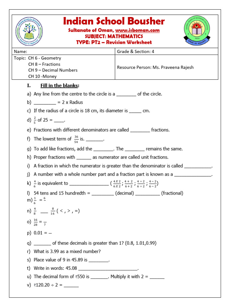 GR 4 - PT2 Revision Worksheet | PDF | Lexicology | Division (Mathematics)