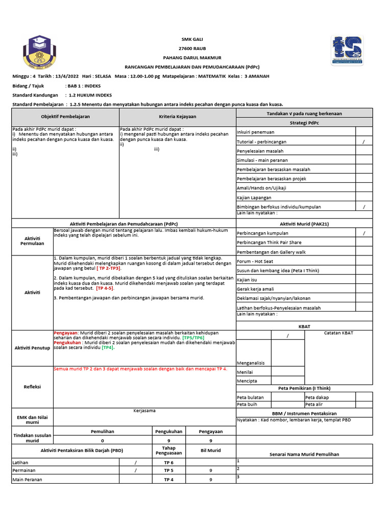 Sampel RPH Matematik (Ting.3) | PDF