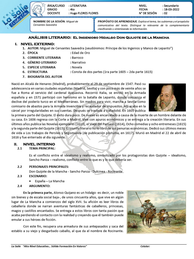 Lit - 4to - Sec - Ficha - 02 - I Bim | PDF | Don Quijote | Miguel De ...