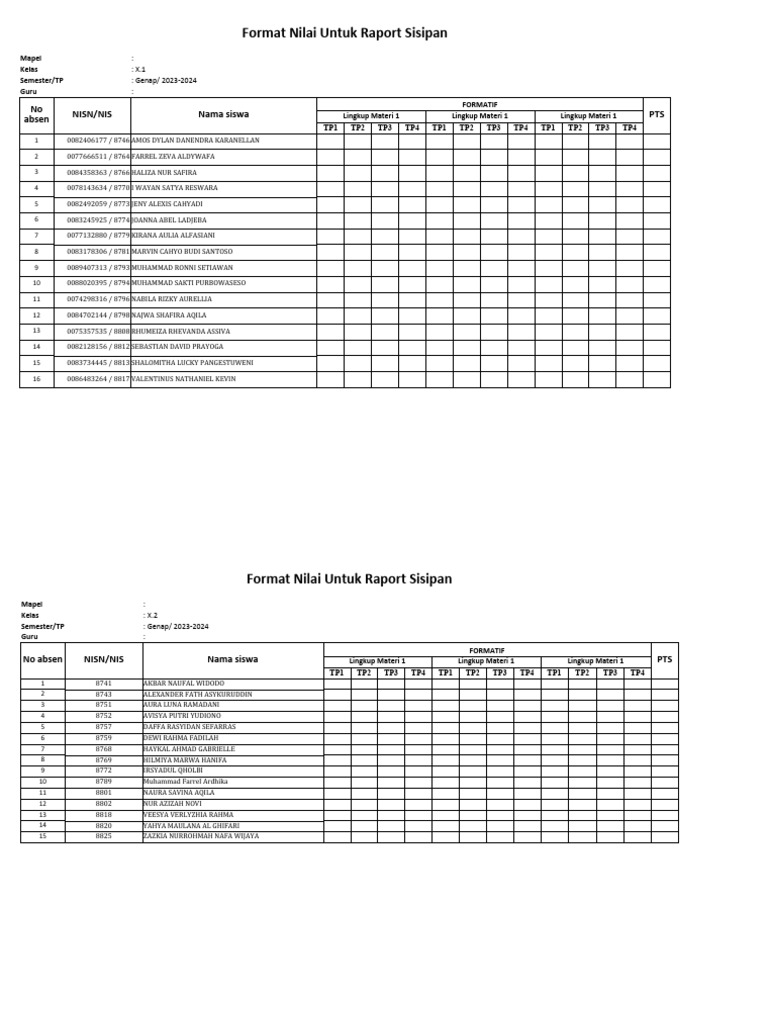 Format Nilai Sisipan 2023-2024 SMT Genap | PDF