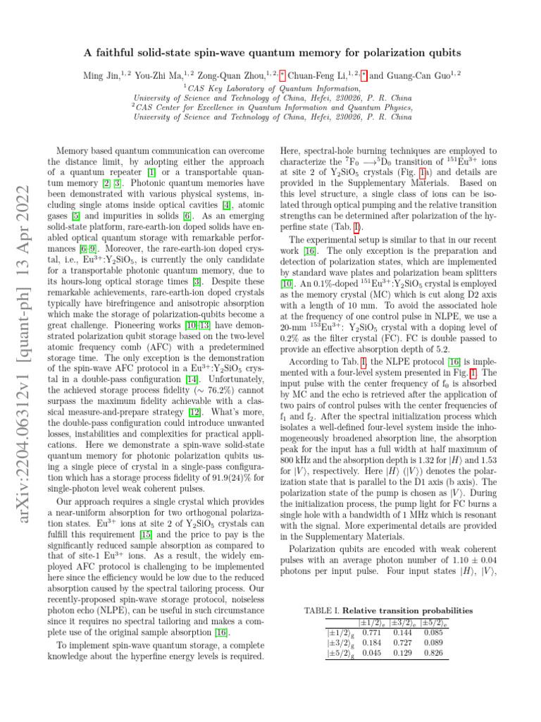 A Faithful Solid-State Spin-Wave Quantum Memory For Polarization Qubits | PDF | Laser ...
