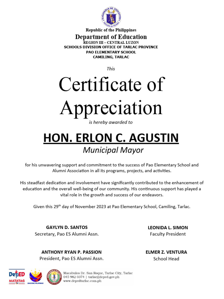 Certificate of Appreciation To Mayor | PDF