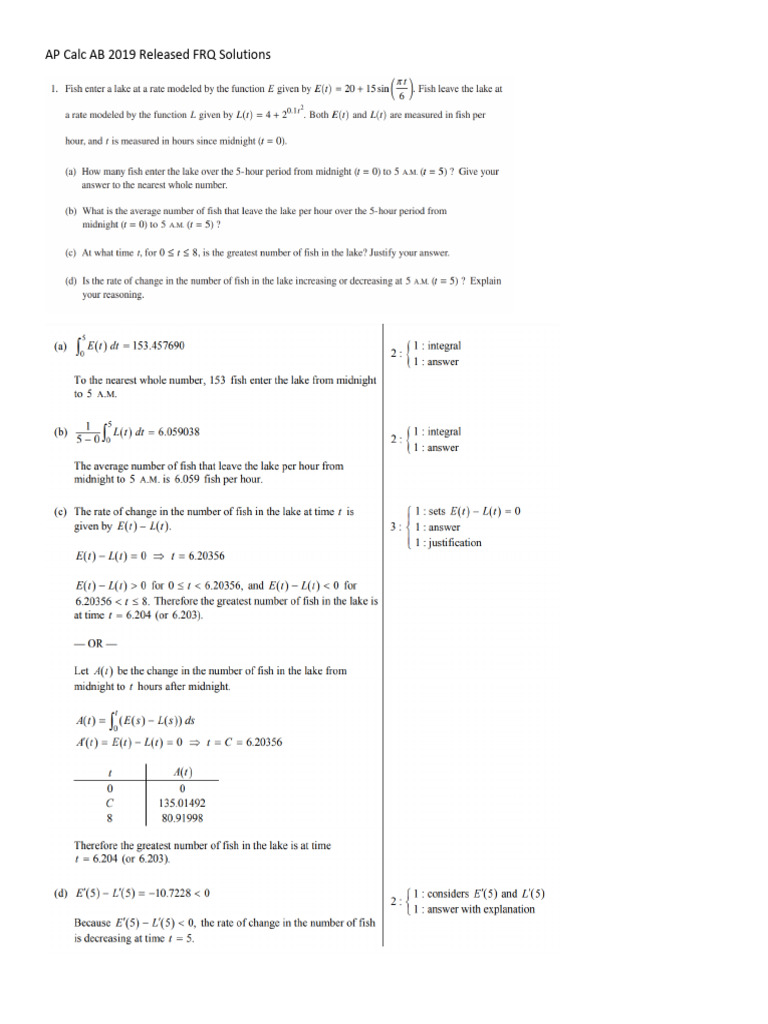 AP Calc AB 2019 Released FRQ Solutions | PDF