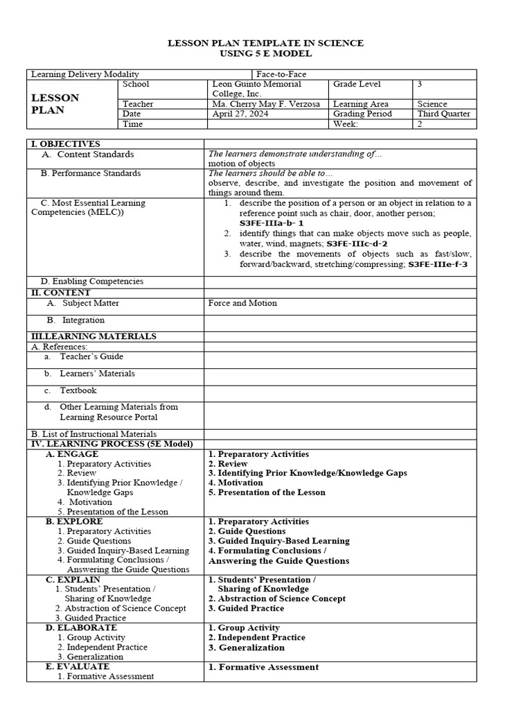 Lesson Plan Template Using 5E Model | Download Free PDF | Learning ...