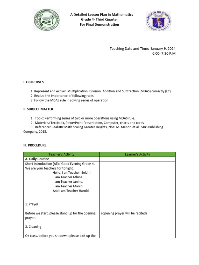 DLP in Mathematics 4 1 1 | PDF | Mathematics | Lesson Plan