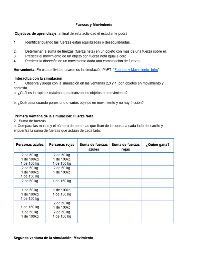 Hoja de Trabajo-Fuerzas y Movimiento | PDF | Fuerza | Masa