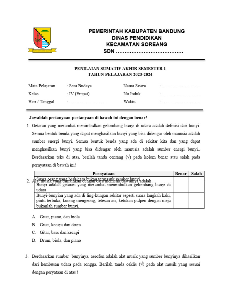 Lembar Soal Psas Seni Budaya Kurmer Kelas 4 T A 2023 2024 Pdf
