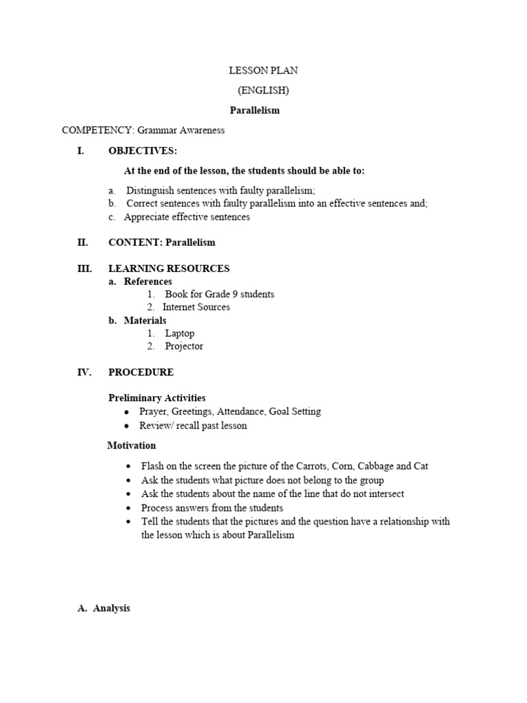 Parallelism Lesson Plan for Grade 9 | PDF | Sentence (Linguistics) | Question