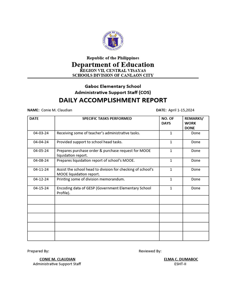 Daily Accomplishment Report for Admin Staff | PDF