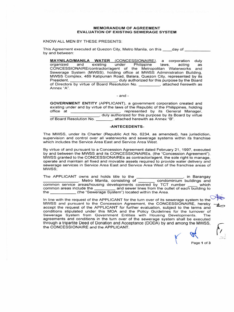 Memorandum of Agreement Existing | PDF | Concession (Contract) | Metro Manila