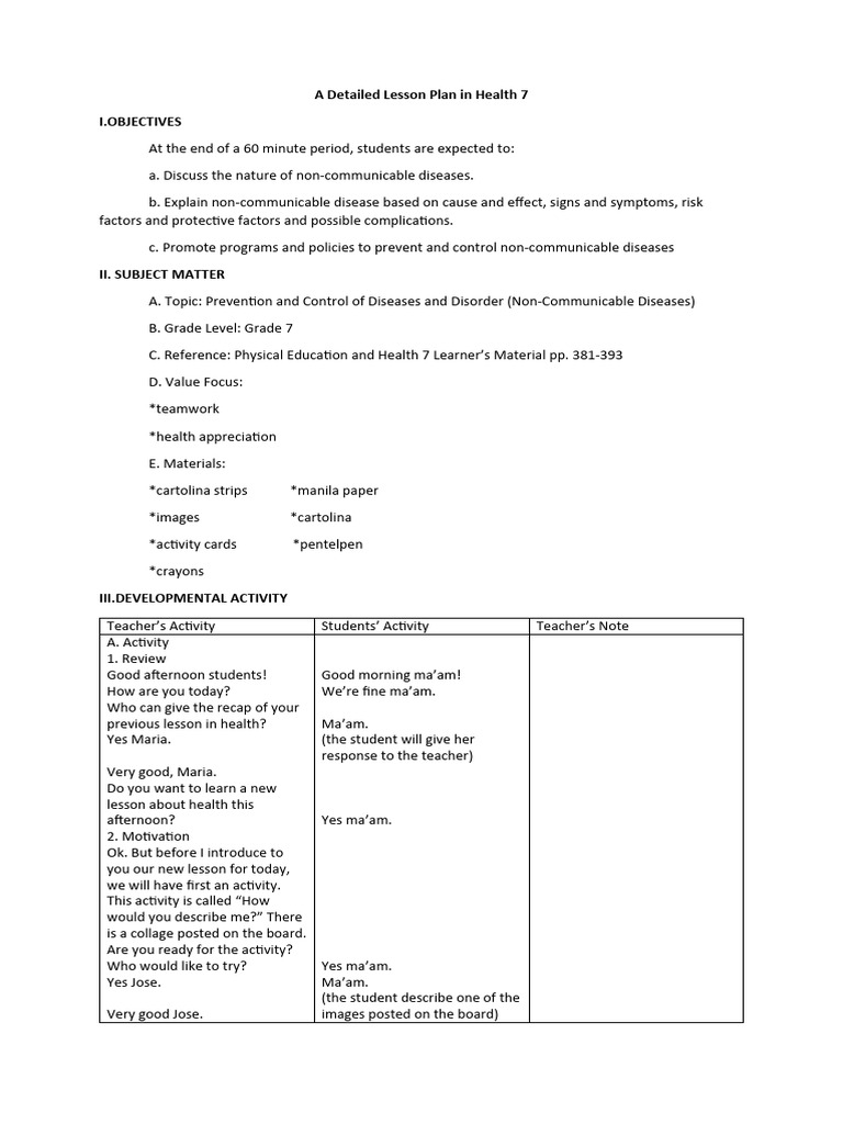 A Detailed Lesson Plan in Health 7 2023 Jenny | PDF | Non Communicable ...