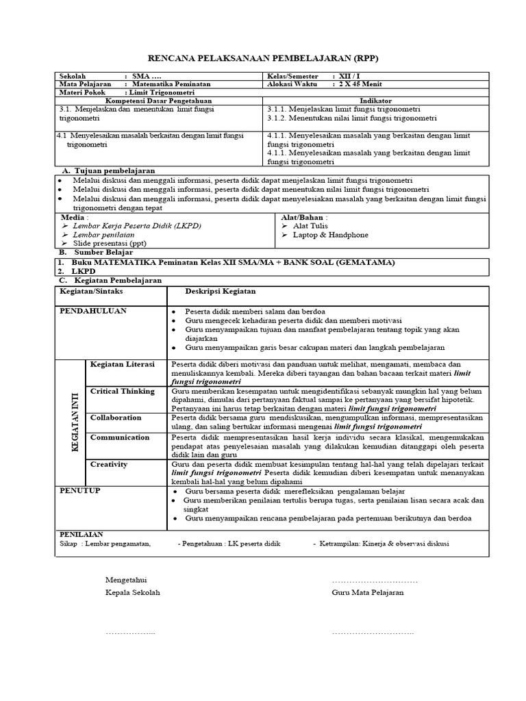 RPP Limit Trigonometri Kelas XII | PDF