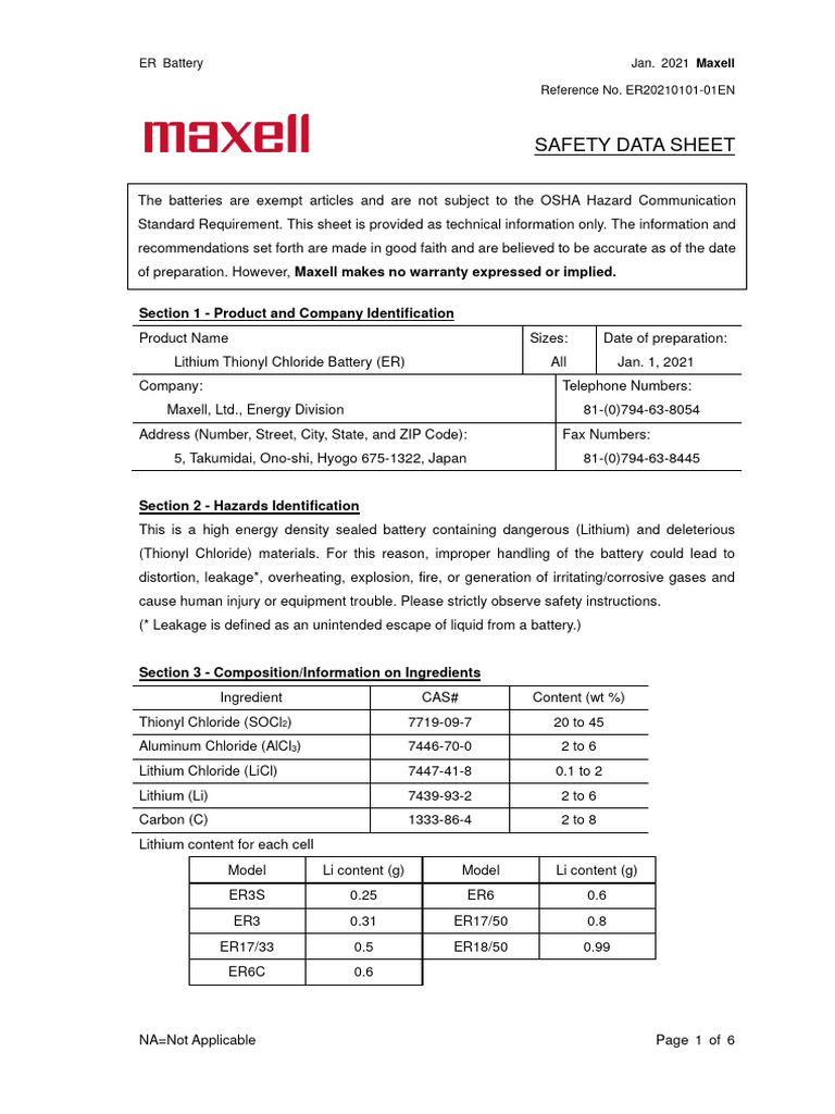 SDS-131168-ER6-BAT-01012021-EN | PDF | Dangerous Goods | Water