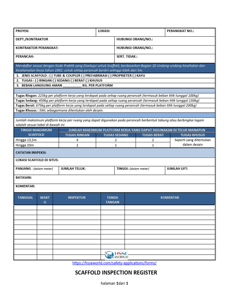 Scaffold Inspection Register | PDF
