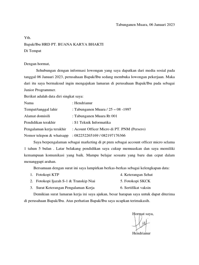 Surat Lamaran Kerja PT Buana Karya Bhakti | PDF | Karier & Perkembangan