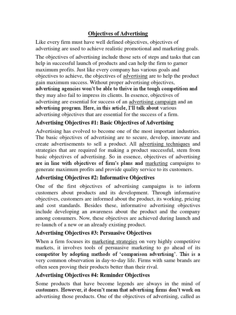 Key Objectives of Advertising Explained | PDF | Target Audience ...
